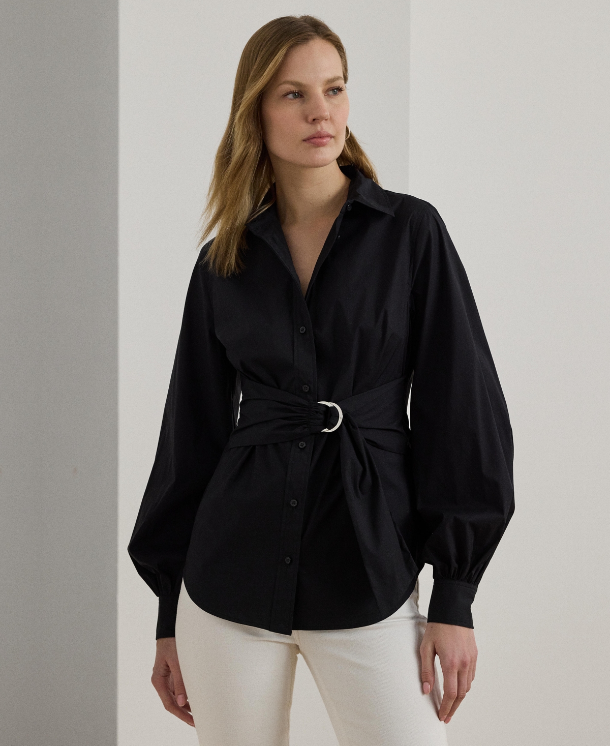Lauren Ralph Lauren Womens Tie-Front Cotton-Blend Shirt - Black