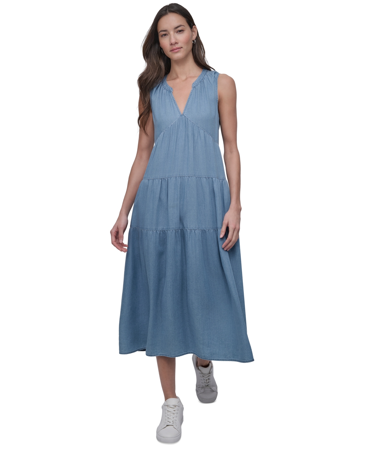 Click here for Dkny Jeans Womens Sleeveless Tiered Midi Dress - F... prices