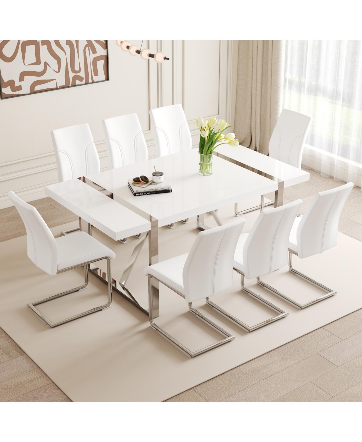 Click here for 71" White Dining Table Set with 8 Pu Chairs -... prices