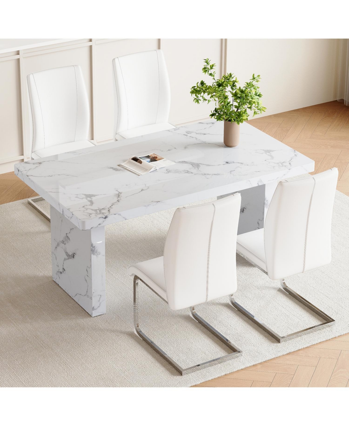 Click here for White Marble Dining Set: Table & 4 Pu Chairs - Whi... prices