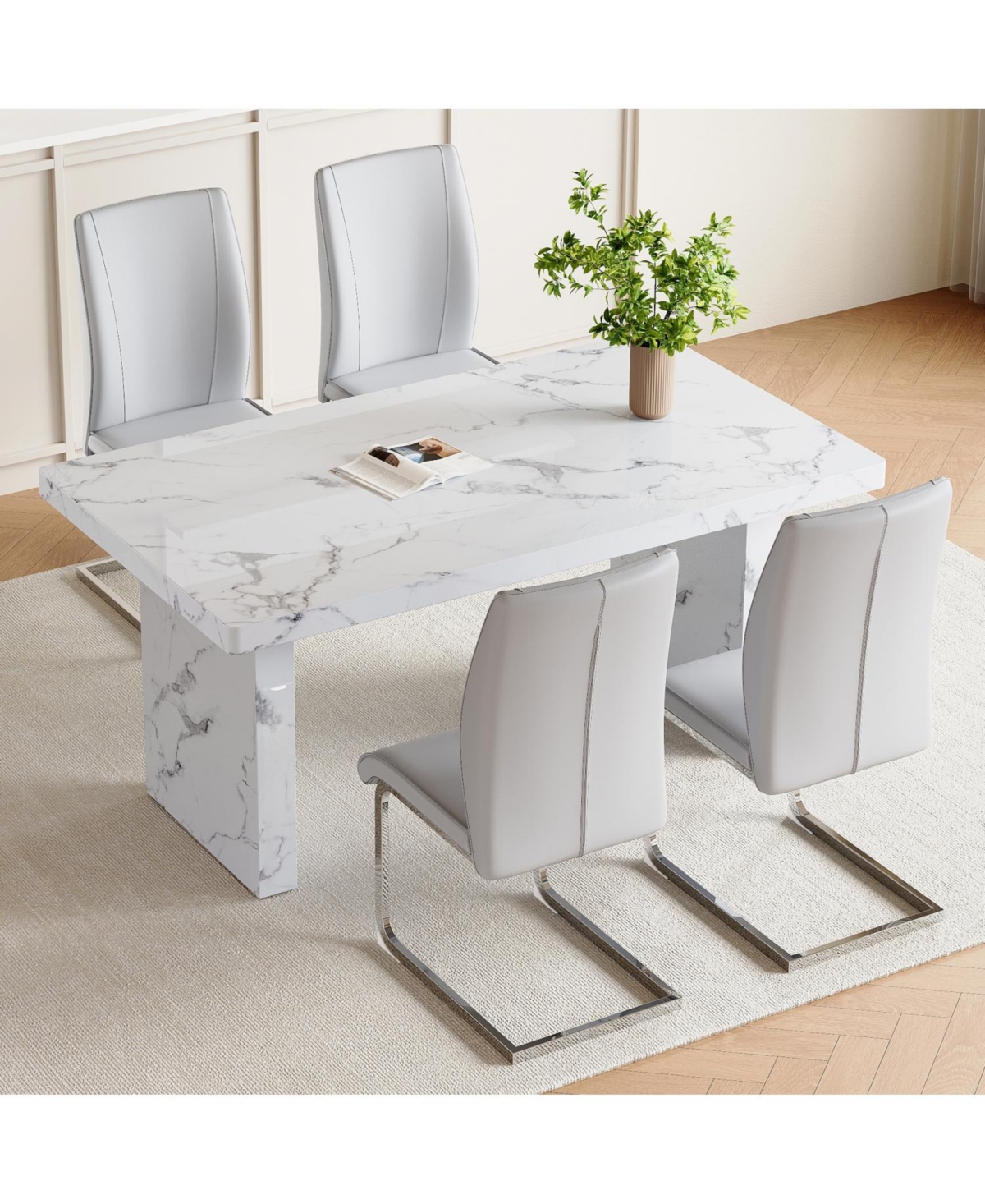 Click here for White Marble Table & Gray Pu Chairs - 4 Seat Dinin... prices