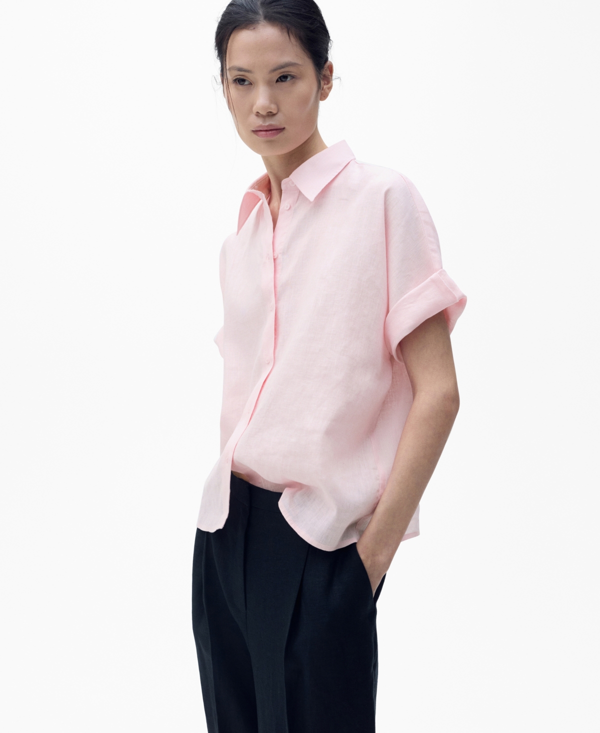 Click here for Mango Womens Short Sleeve Linen-Blend Shirt - Ligh... prices