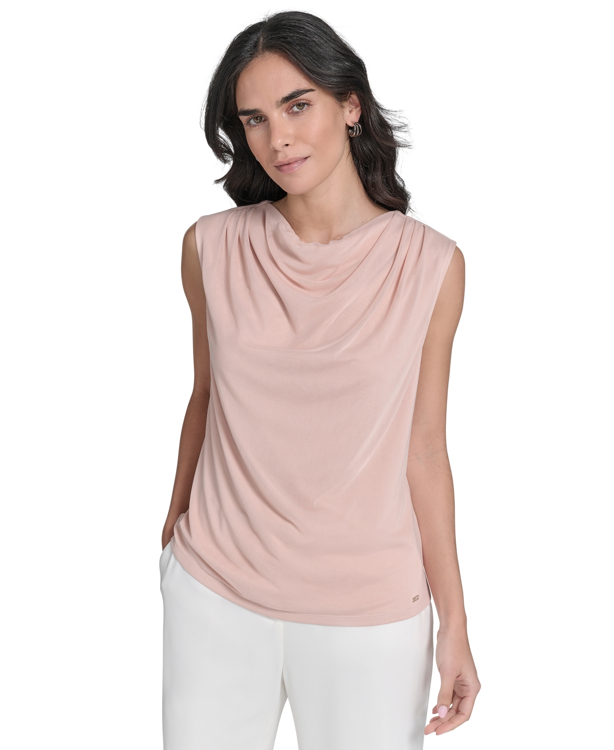 Click here for Calvin Klein Womens Sleeveless Mesh Drape-Neck Top... prices