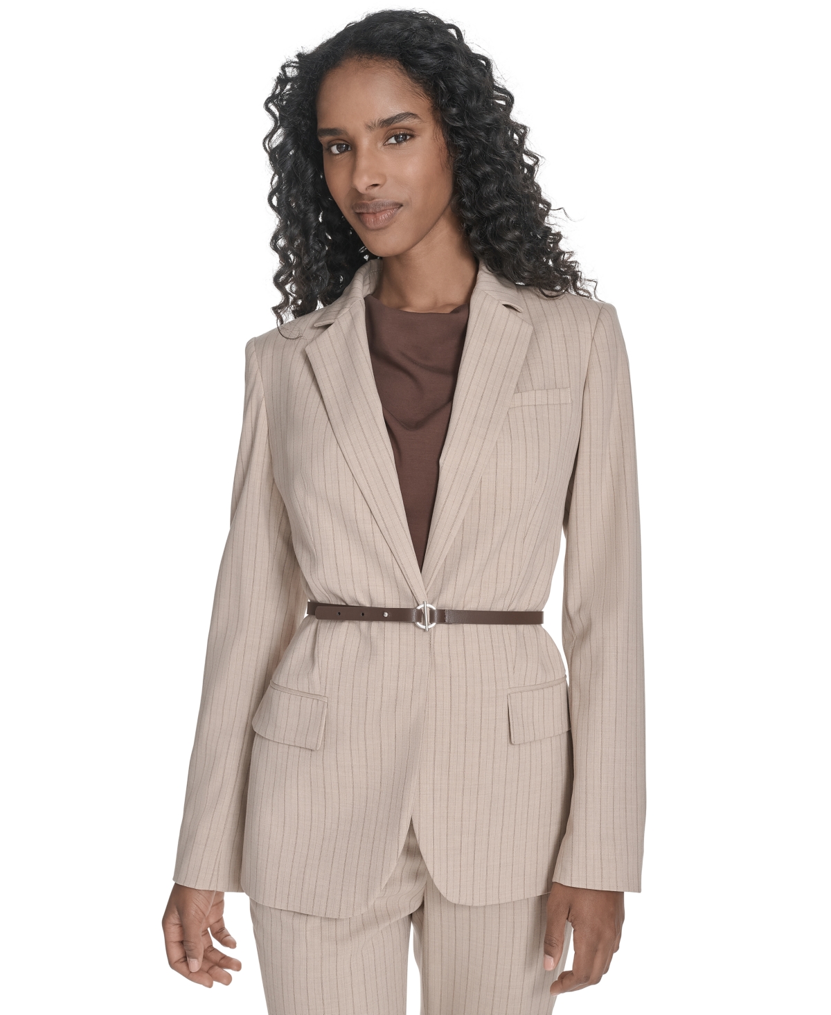 Click here for Calvin Klein Womens Belted Pinstripe Jacket - Toas... prices