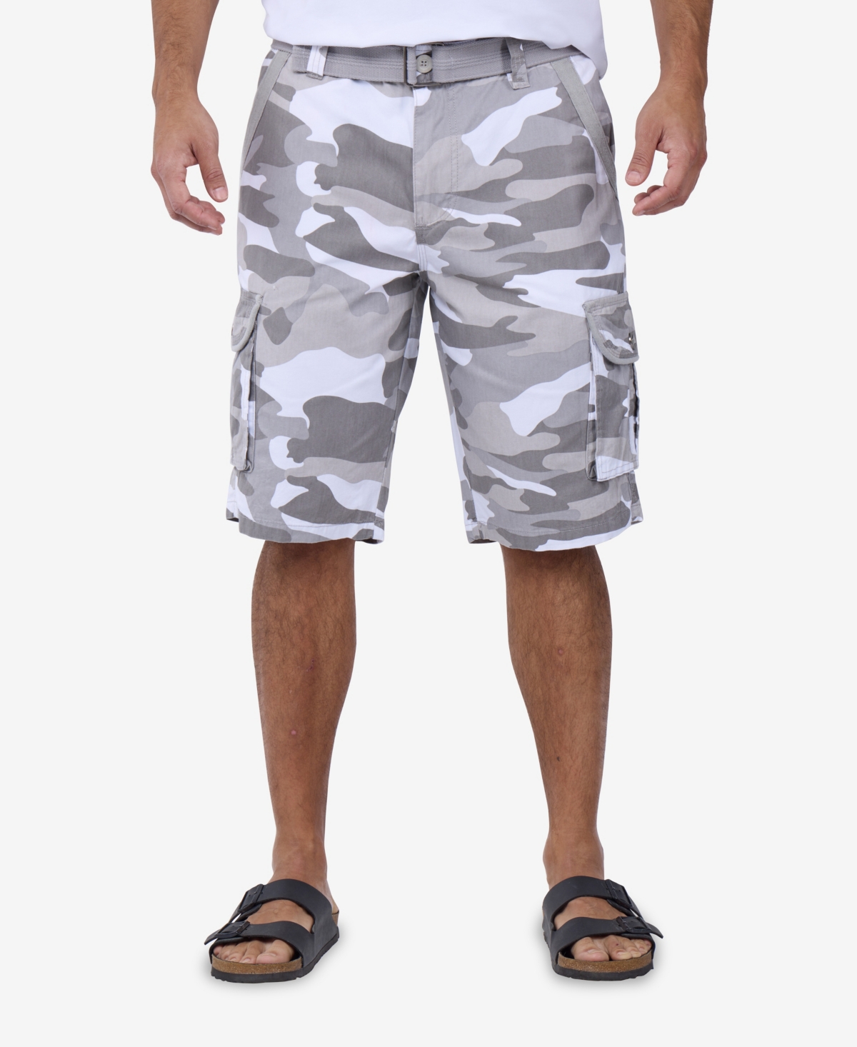Click here for Mens Belted Twill Tape Cargo Shorts - White camo prices