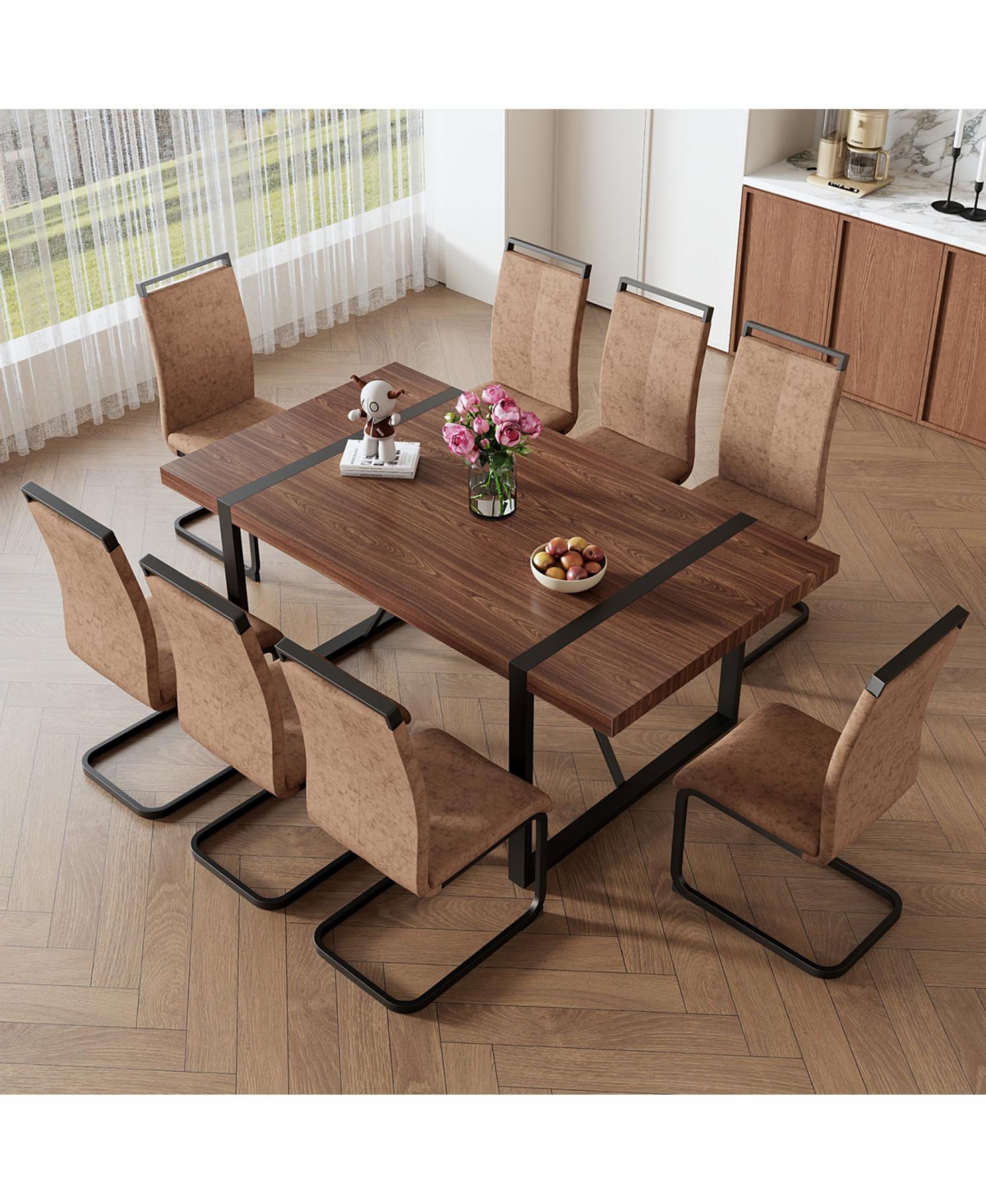 Click here for Industrial Walnut Table with 8 Brown Tech Fabric C... prices