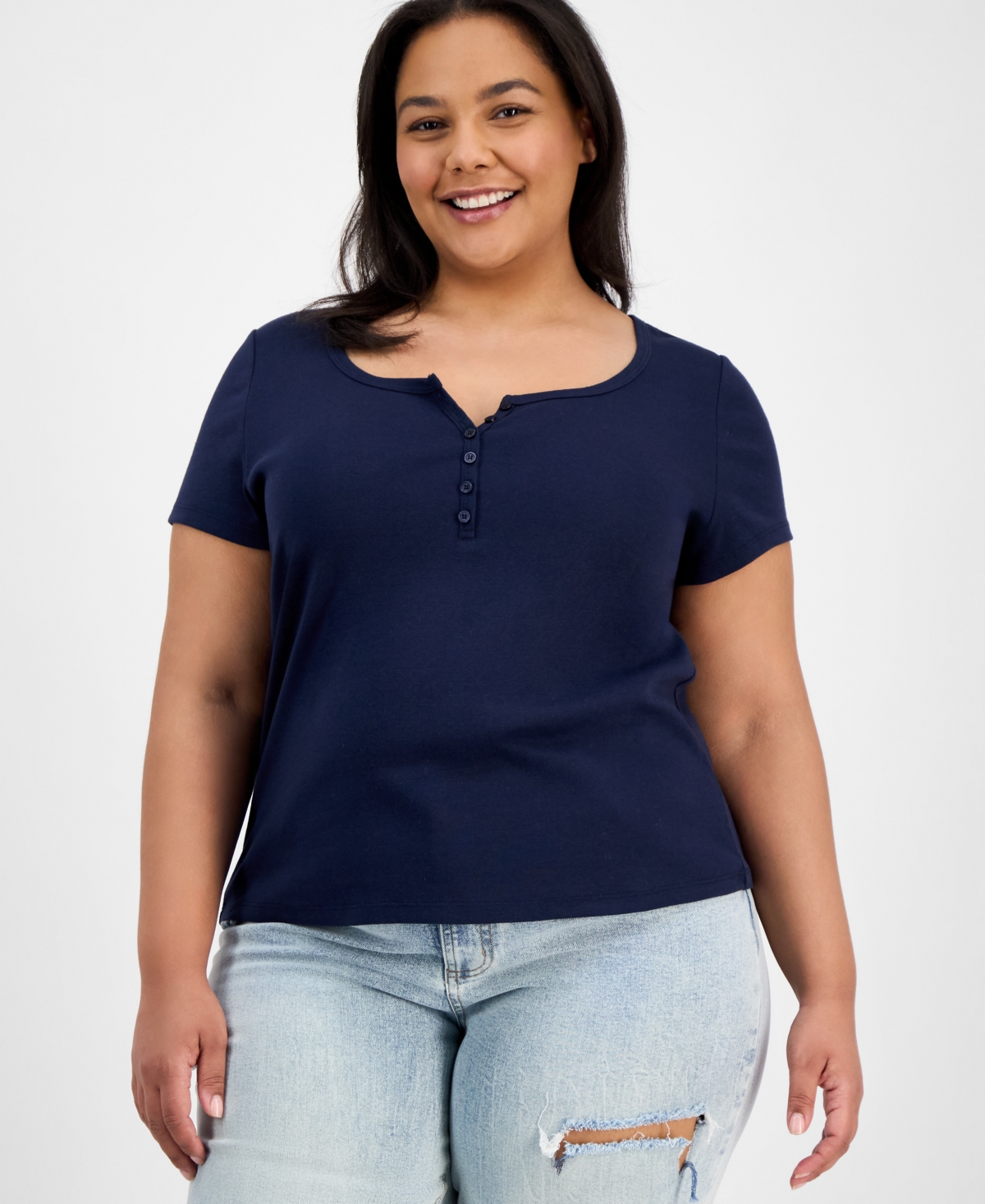Click here for Hippie Rose Trendy Plus Size Henley Top - Navy Bla... prices