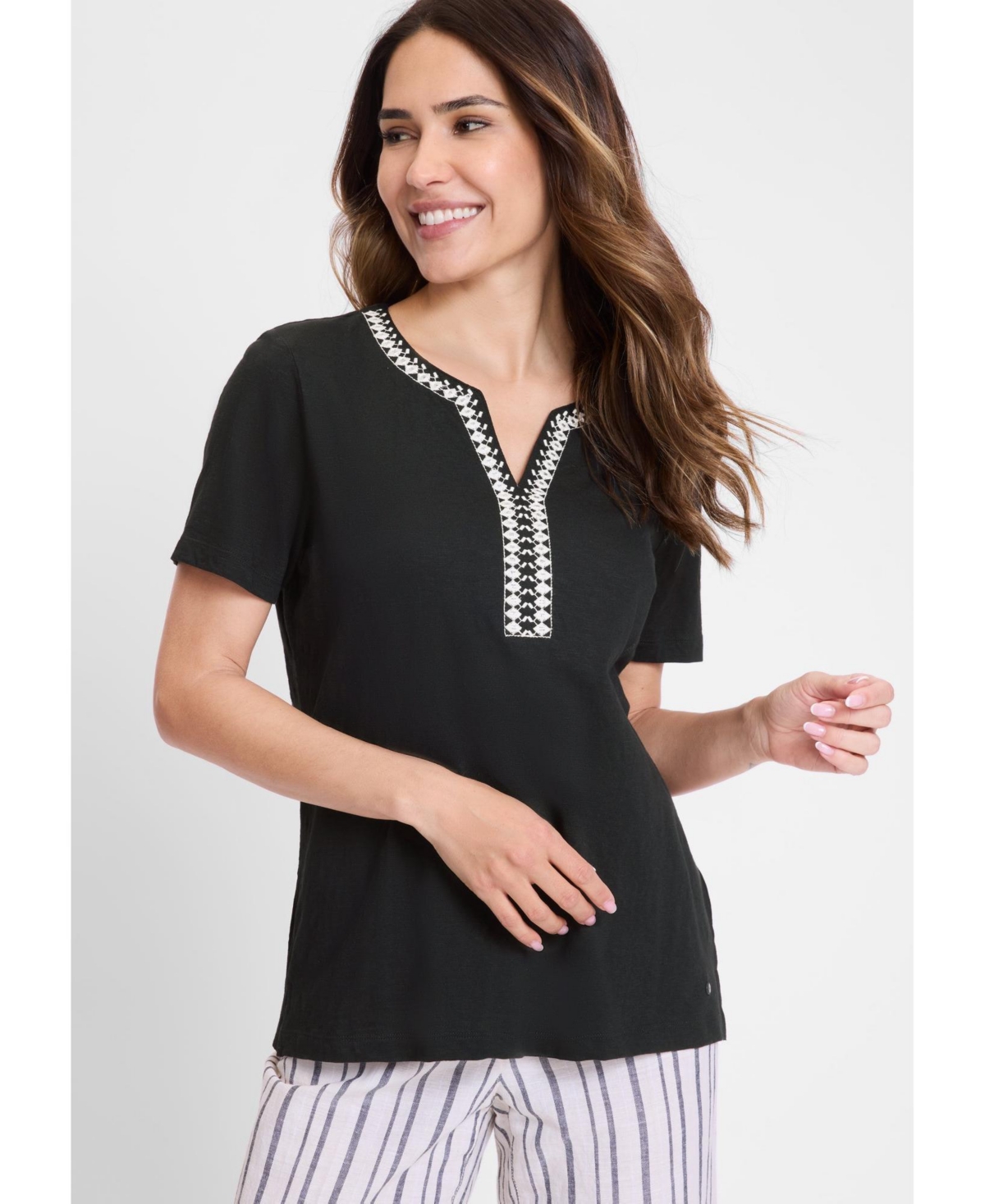 Click here for Olsen Womens Embroidered Trim T-Shirt - Black prices