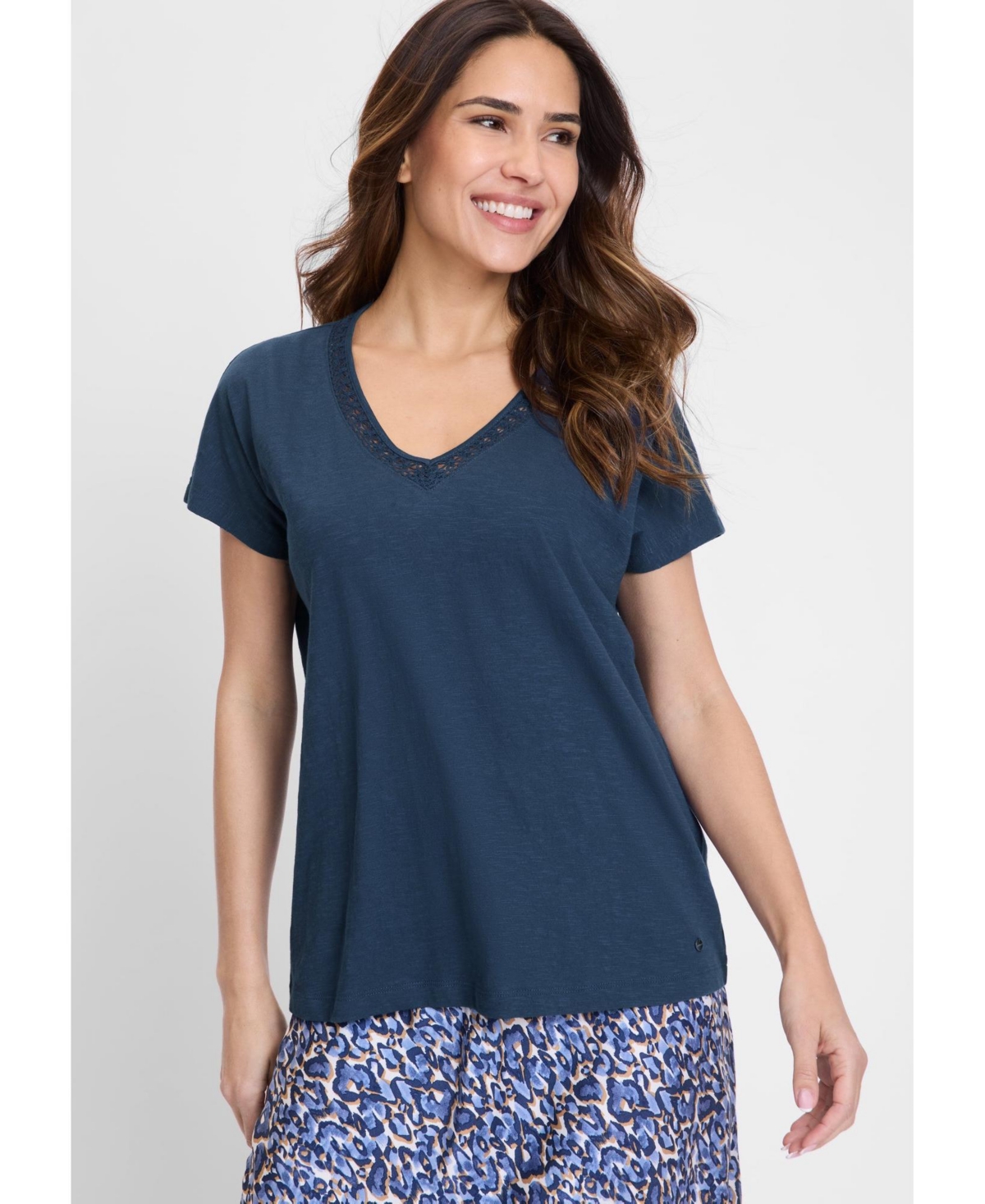 Click here for Olsen Womens Lace Trim V-Neck T-Shirt - True navy prices