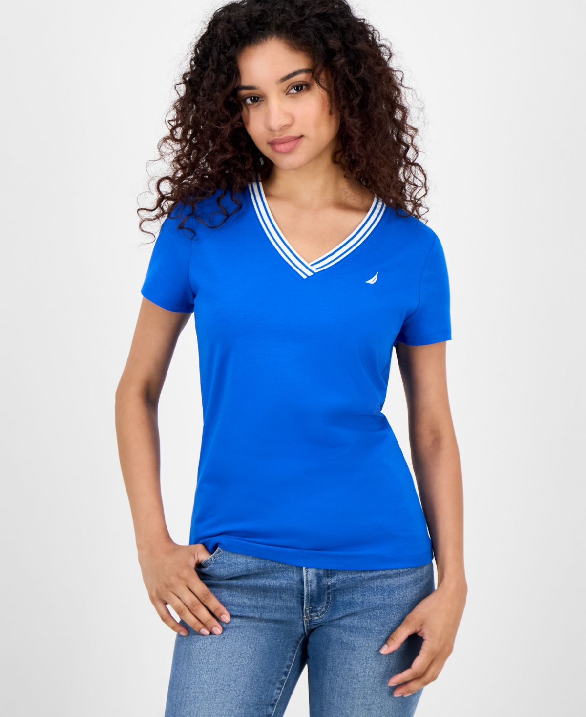Click here for Nautica Jeans Womens Solid Stripe-Trim V-Neck - Ce... prices