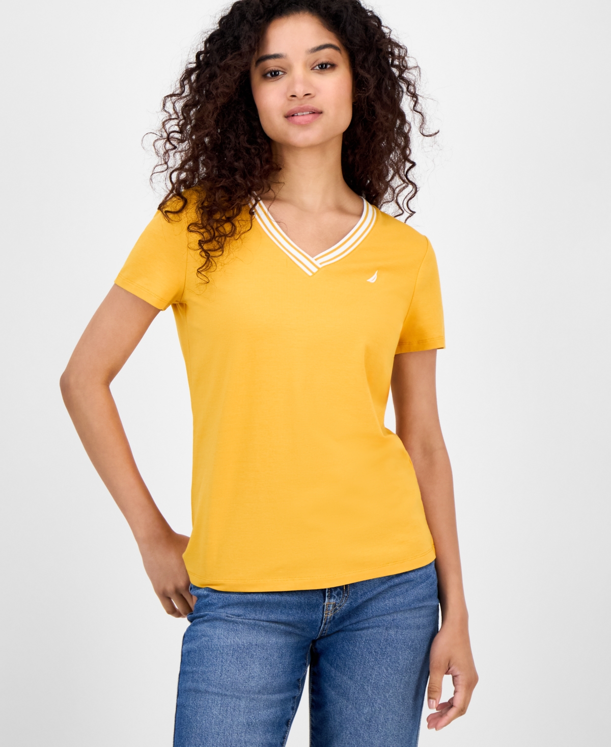 Click here for Nautica Jeans Womens Solid Stripe-Trim V-Neck - Su... prices