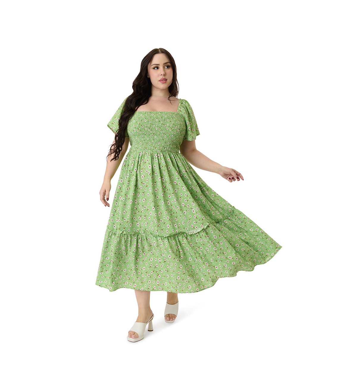 Click here for Unique Vintage Plus Size Smocked Bodice Midi Dress... prices