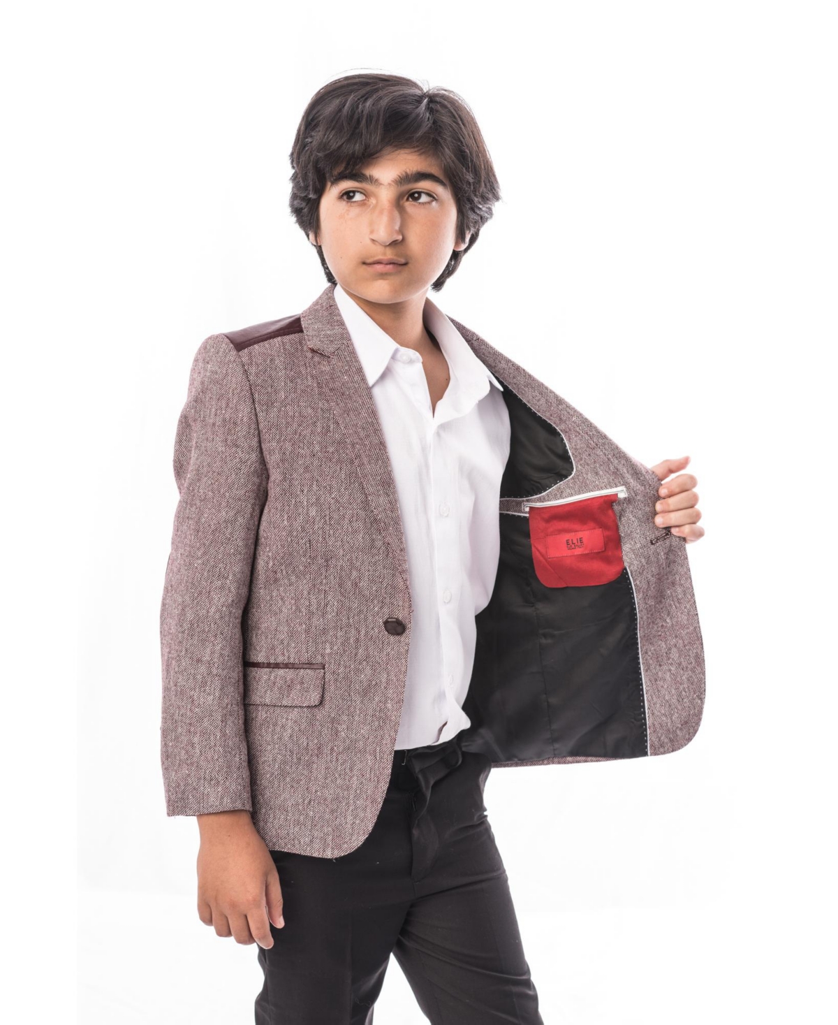 Click here for Elie Balleh Boys Wine Slim Fit Tweed & Faux Leathe... prices