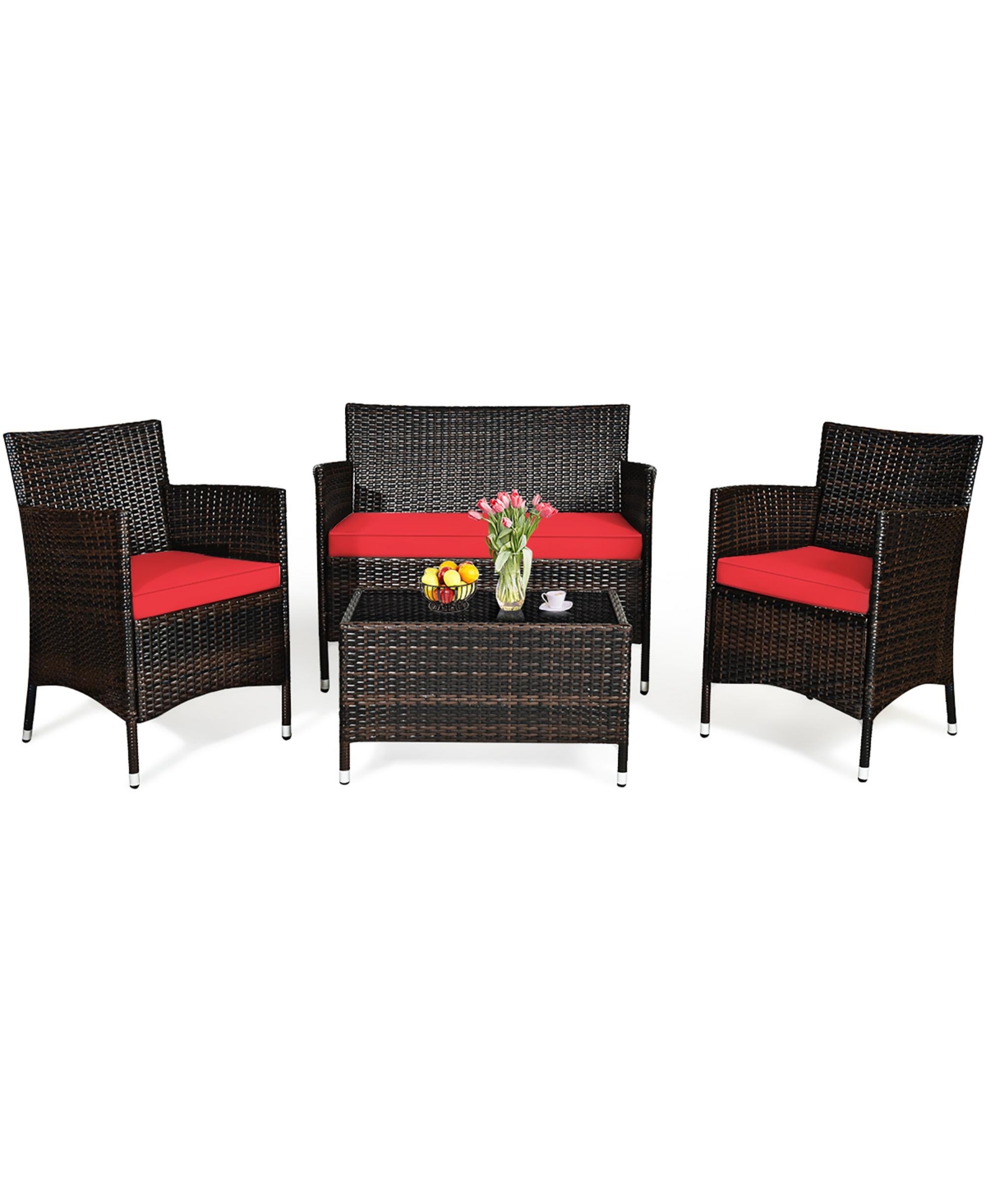 Gymax 4PCS Patio Rattan Conversation Furniture Set Outdoor w/ Red Cushion - Mix brown+red