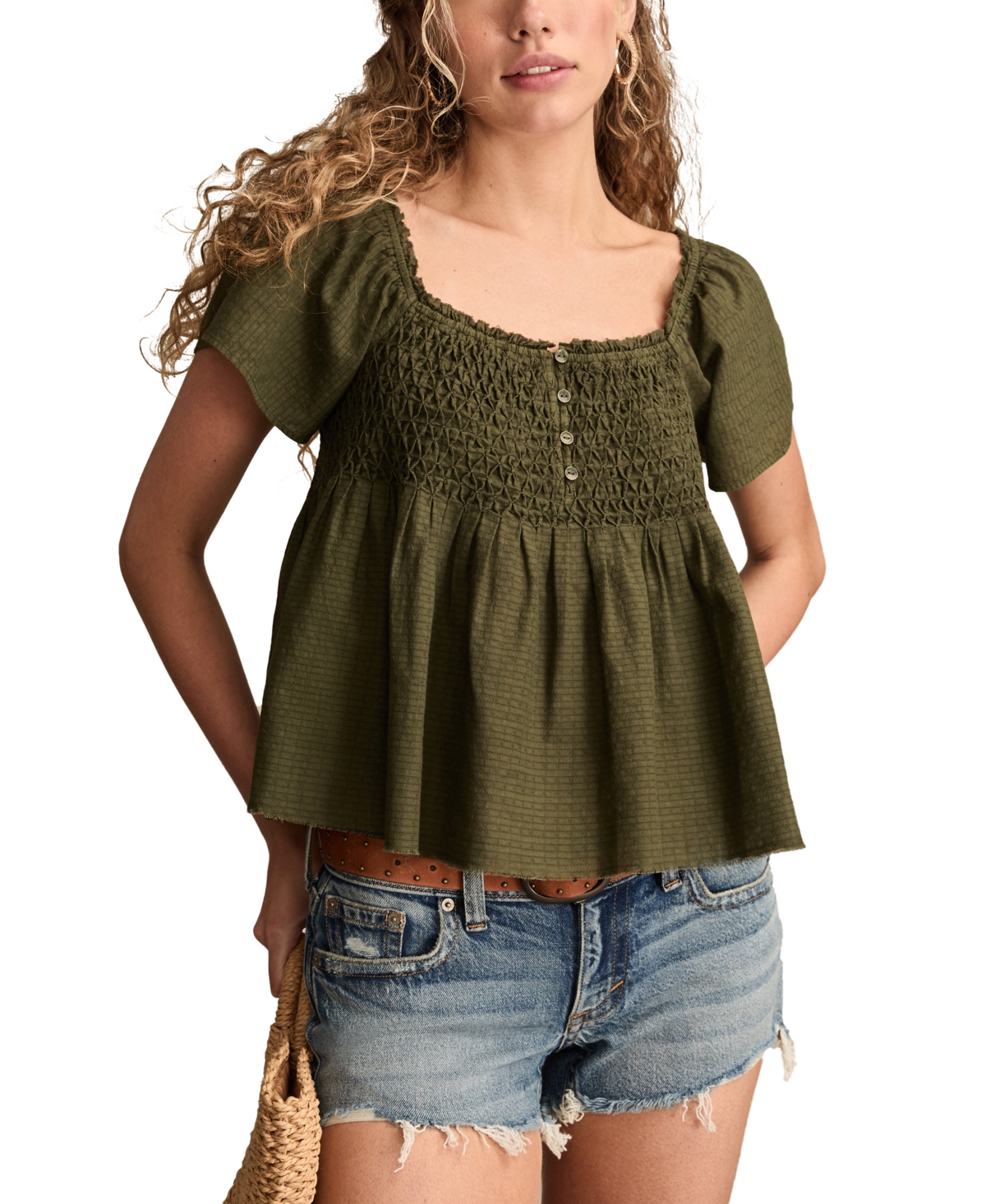 Lucky Brand Womens Cotton Smocked-Bodice Babydoll Top - Dusty Olive