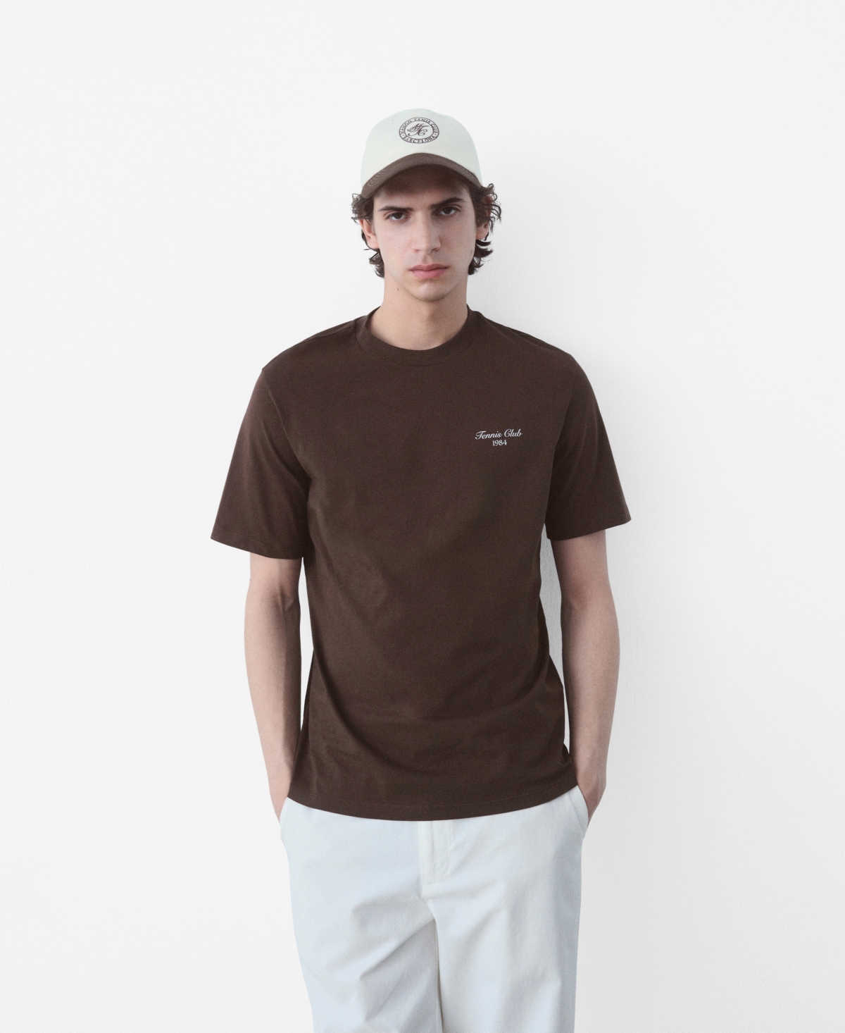 Click here for Mango Mens Cotton Text T-Shirt - Brown prices