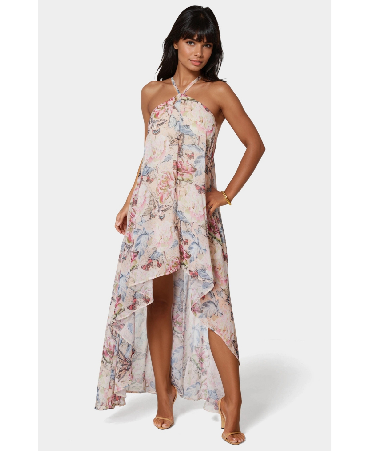 Click here for Bebe Womens High Low Halter Dress - Blush butterfl... prices