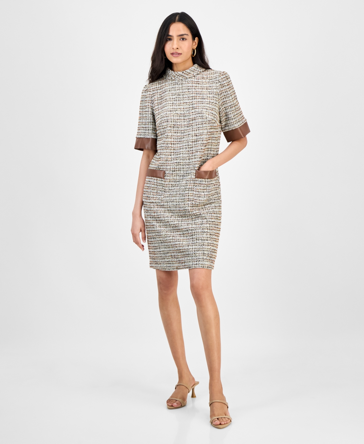 Click here for julia jordan Womens Faux-Leather-Trim Tweed Shift... prices