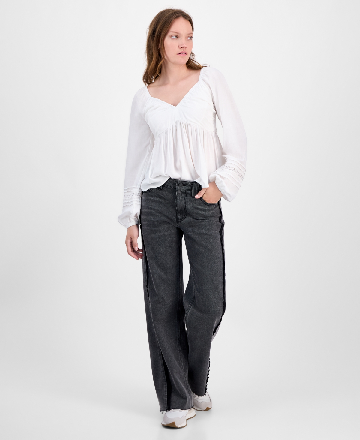 Click here for Tinseltown Juniors Mid-Rise Lace-Seamed Baggy Jean... prices
