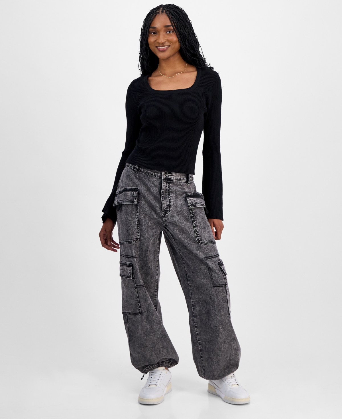 Click here for Madden Girl Juniors Cargo Jogger Jeans - Black Aci... prices