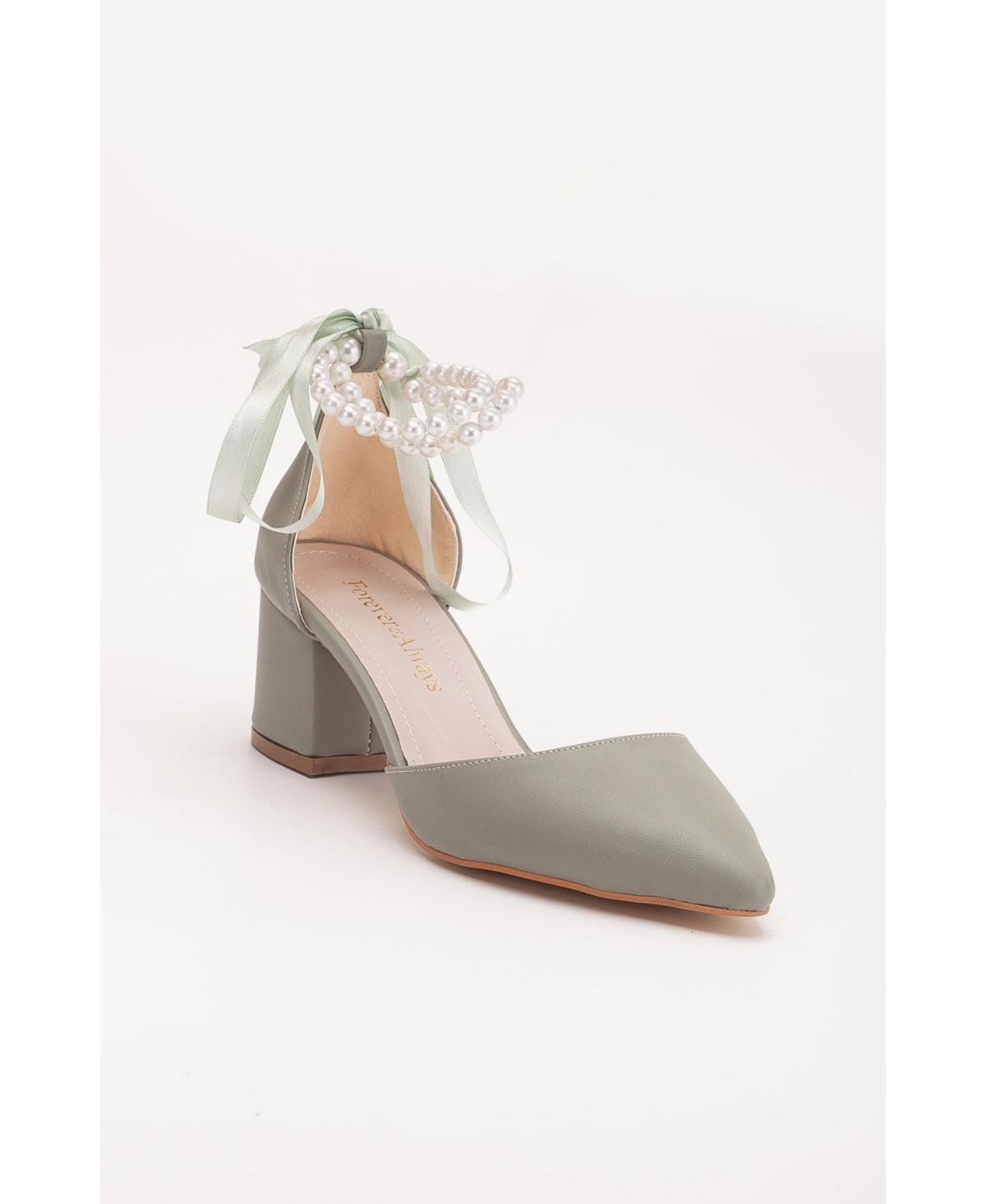 Click here for Miranda Low Block Heels with Pearls - Sage green f... prices