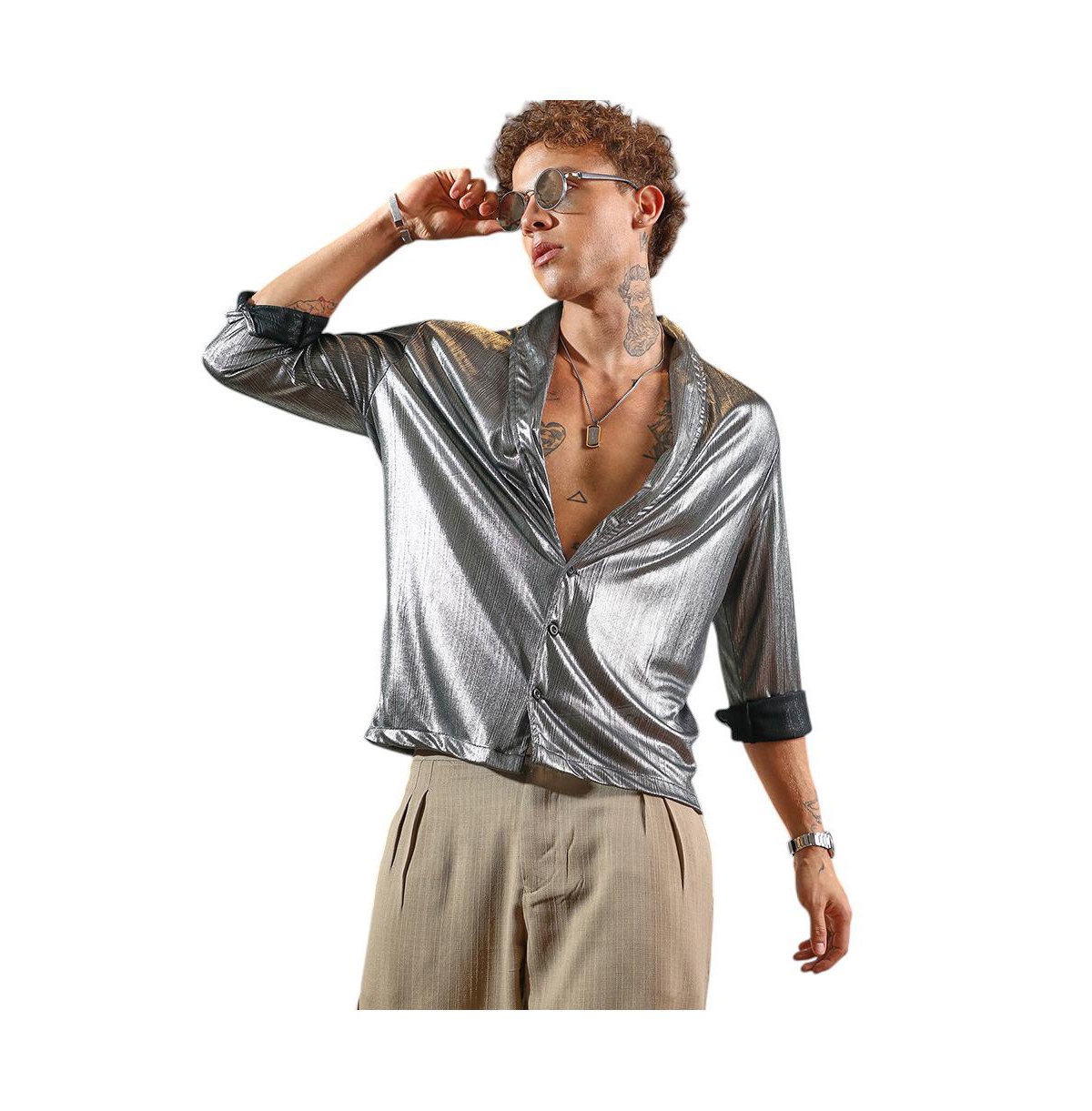 Click here for Campus Sutra Mens Antique Silver Shawl Collar Shir... prices