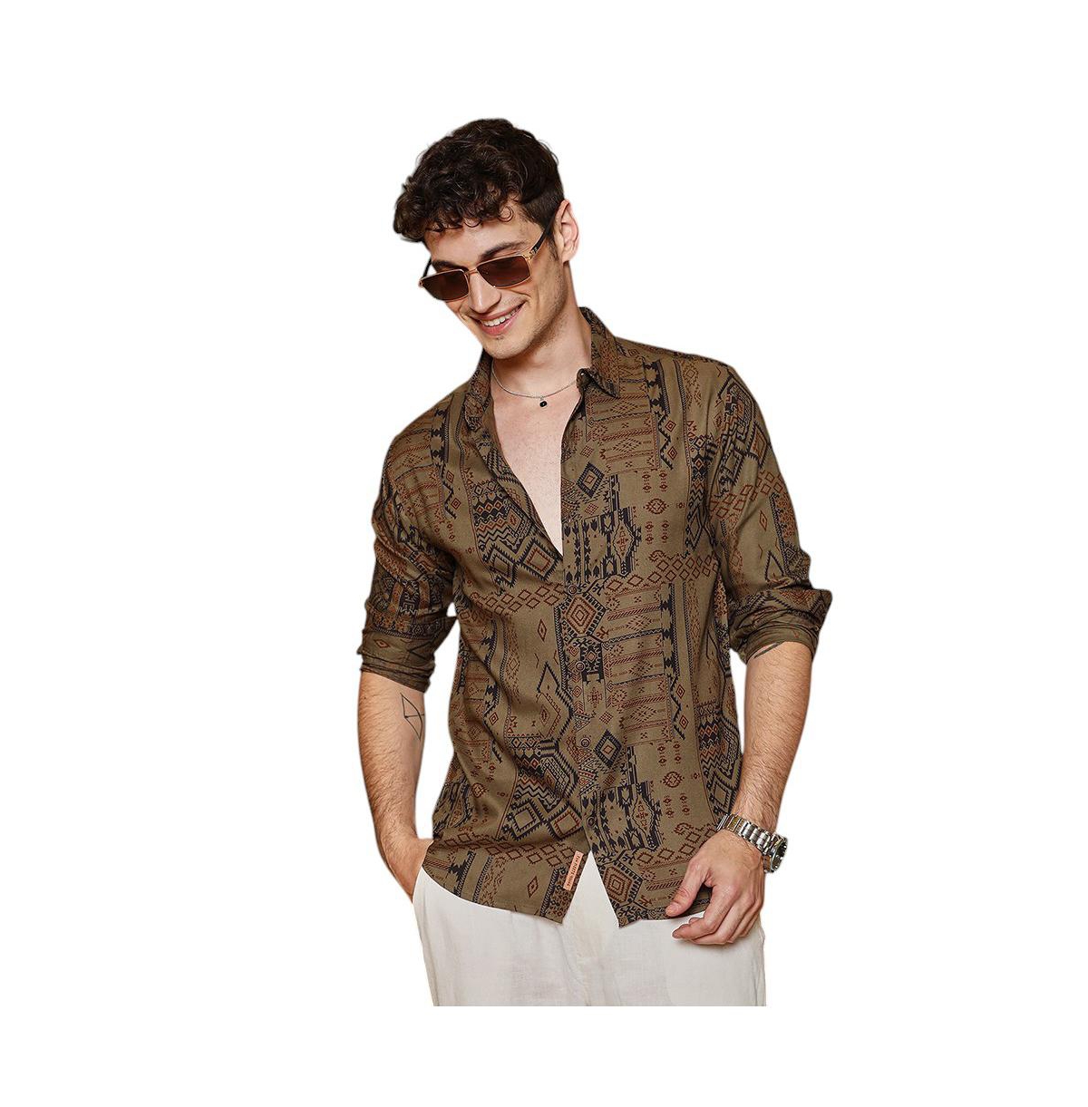 Click here for Campus Sutra Mens Peanut Brown Aztec-Imprint Shirt... prices