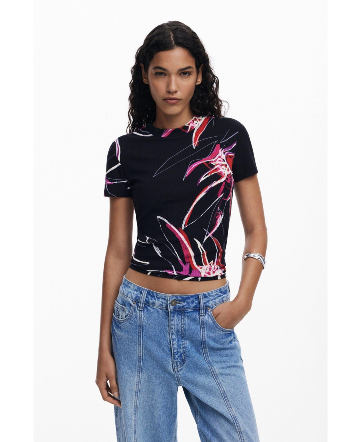 Click here for Desigual Womens Abstract floral T-shirt - Black prices