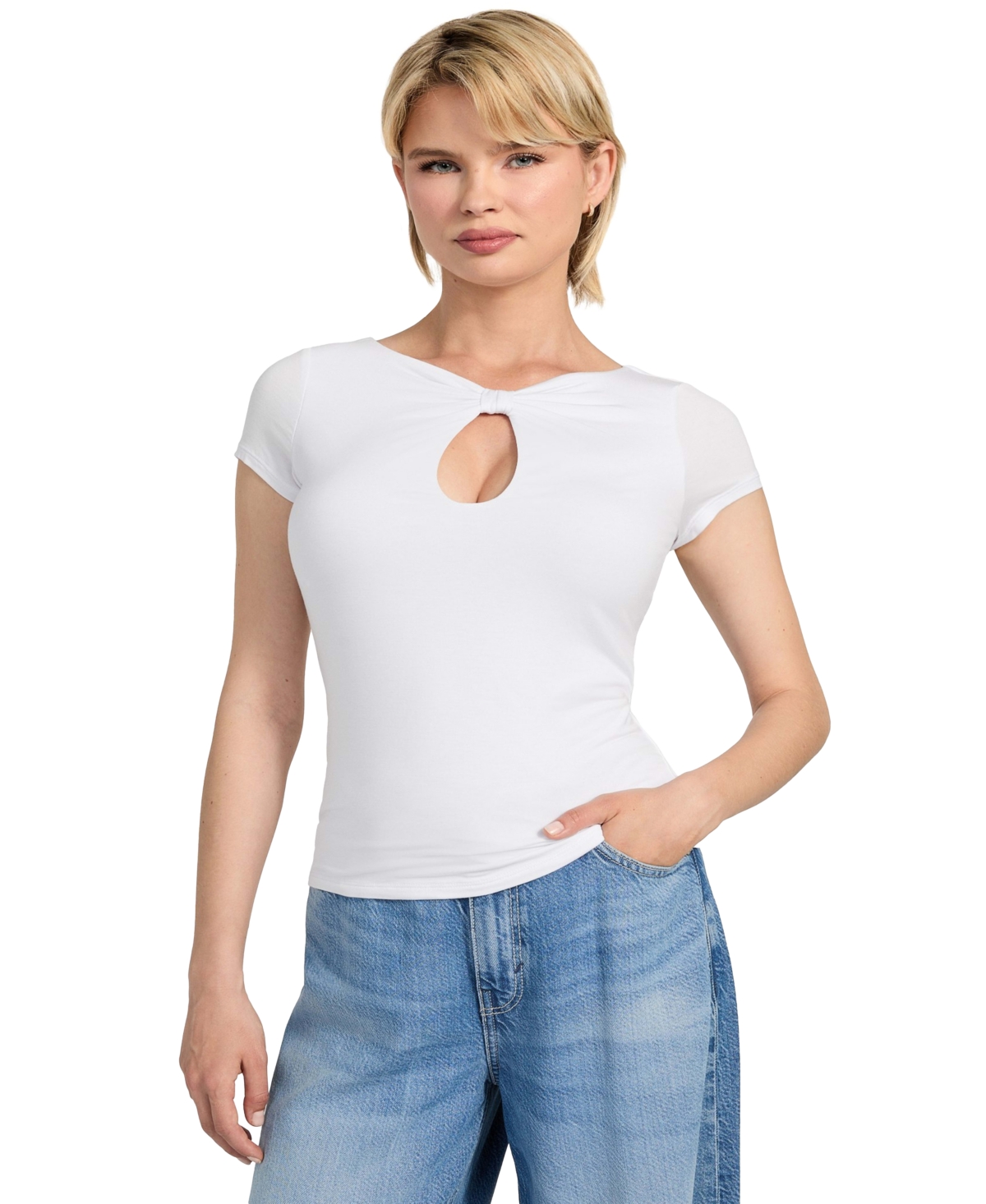Guess Womens Joey Cutout Cap-Sleeve Top - Pure White