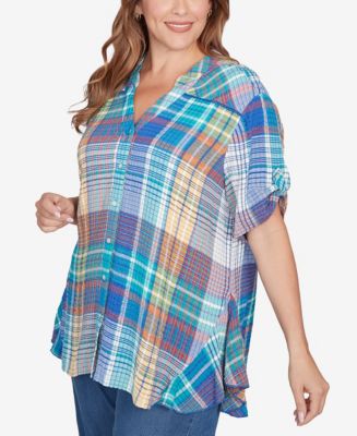 Ruby Rd. Plus Size Crinkle Knit Plaid Button Down Top - Macy's
