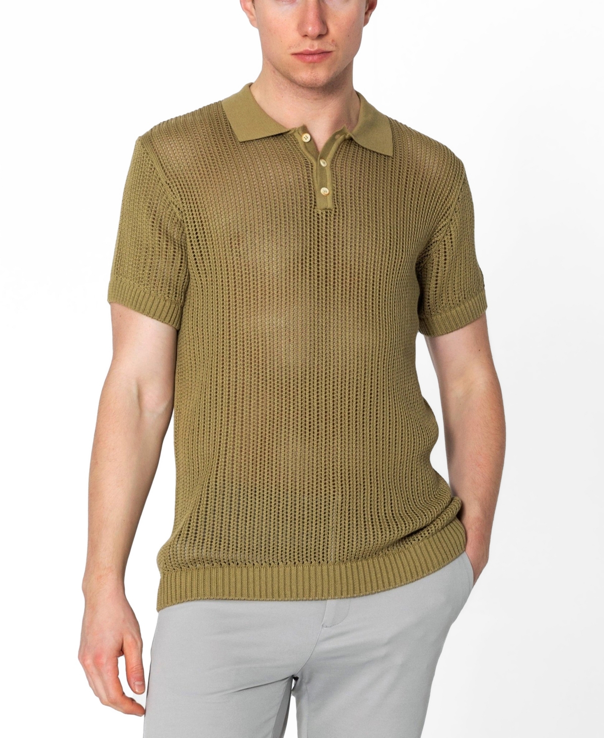 Click here for Ron Tomson Mens Openwork Knit Polo Shirt - Light g... prices