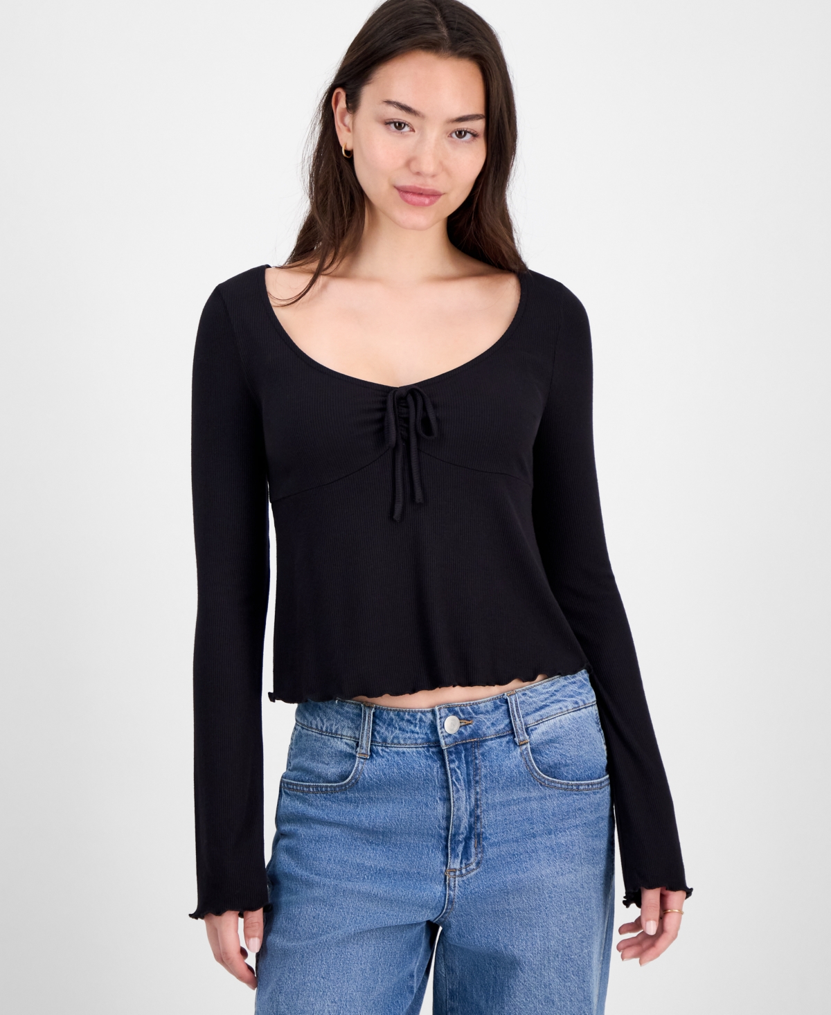 Click here for Self Esteem Juniors Solid V-Neck Rib Knit Long Sle... prices