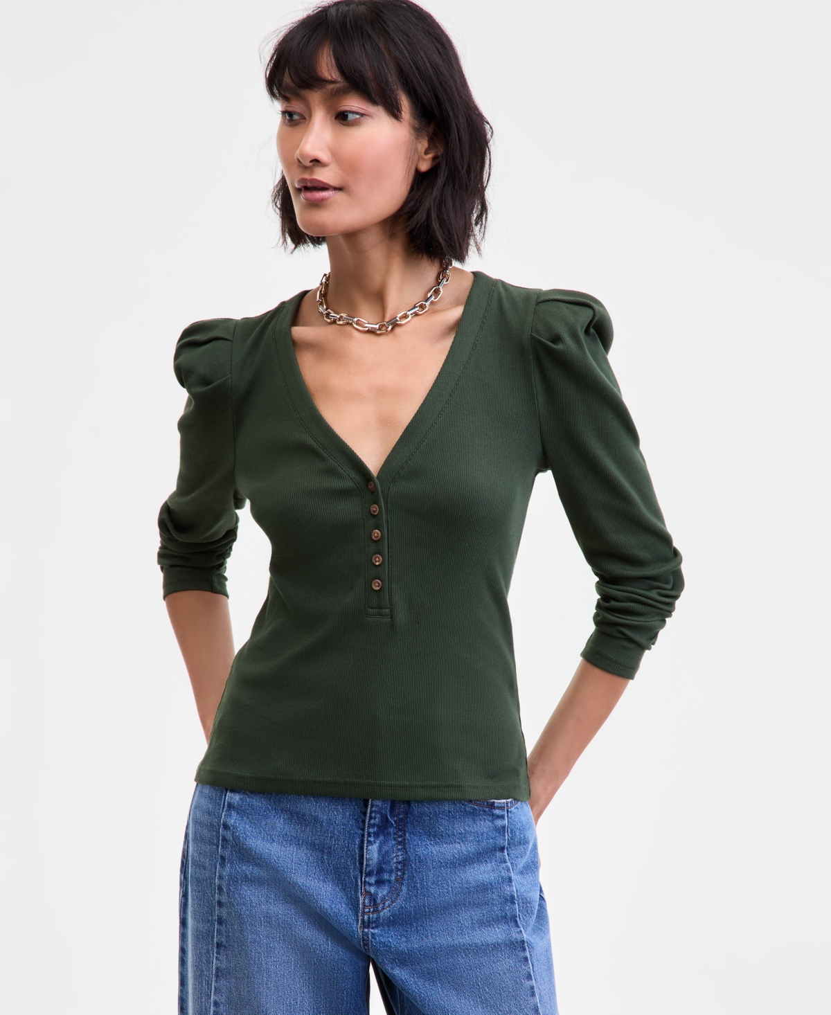 Click here for On 34th Womens Puff-Shoulder Long-Sleeve Henley T-... prices