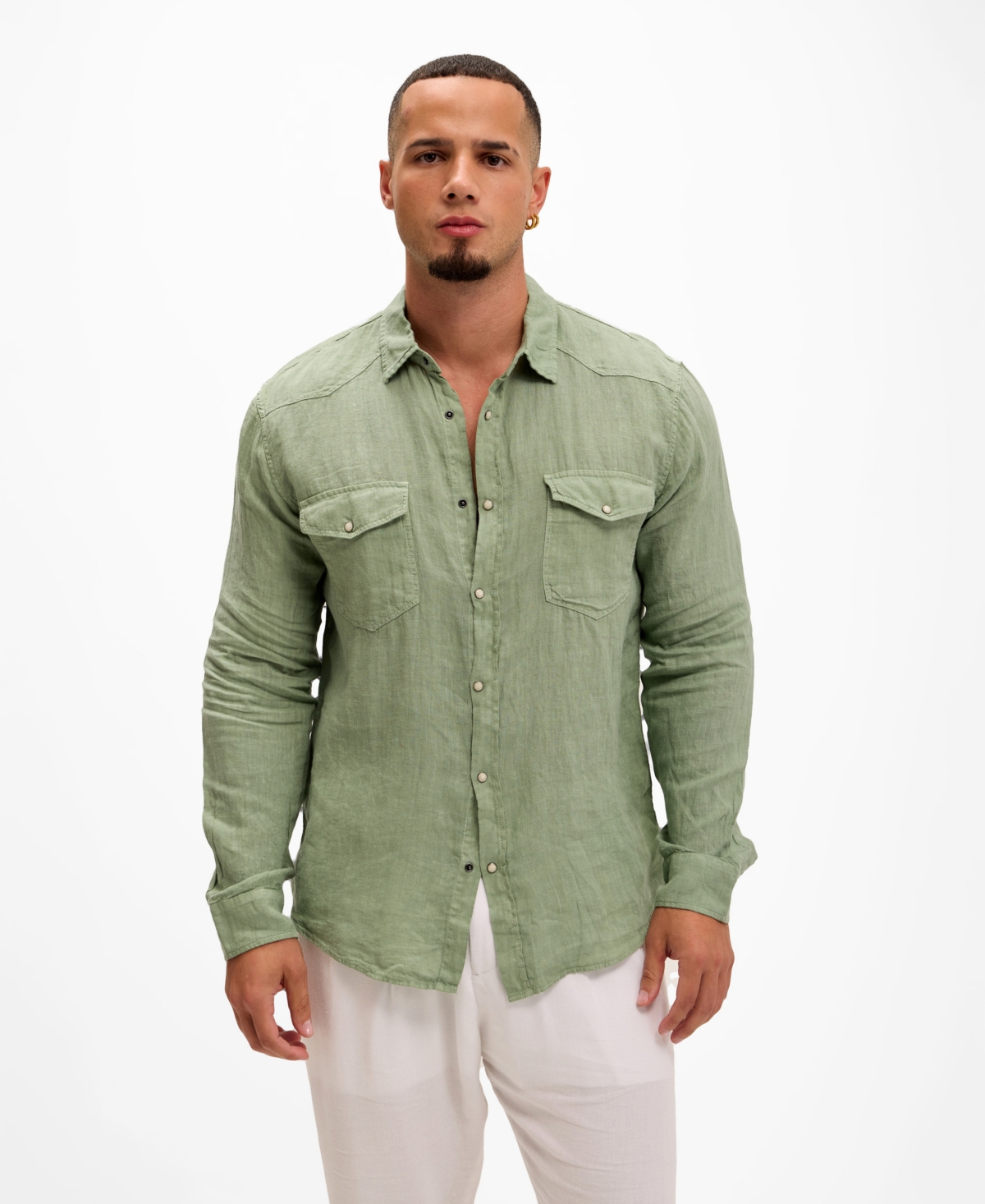 Click here for Ron Tomson Mens Fitted Snap Western Linen Shirt -... prices