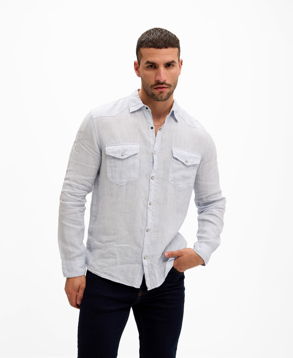 Click here for Ron Tomson Mens Fitted Snap Western Linen Shirt -... prices