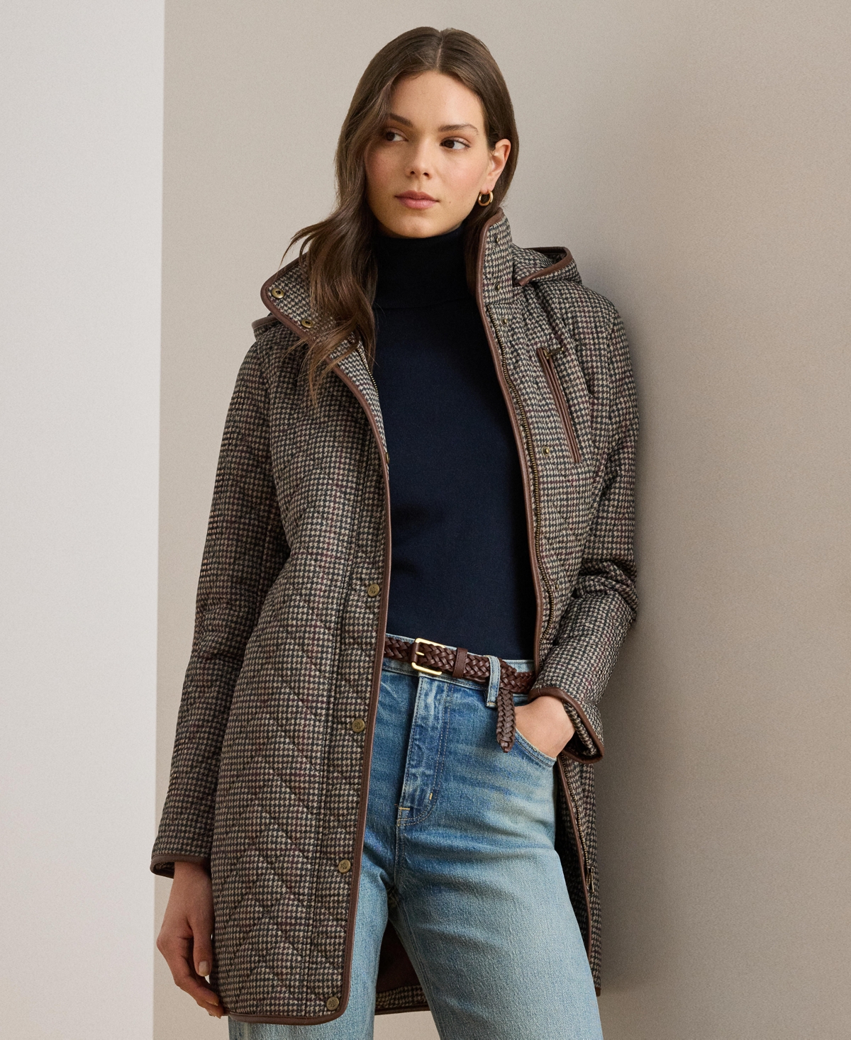 Lauren Ralph Lauren Womens Hooded Quilted Coat - Merlot Houndstooth
