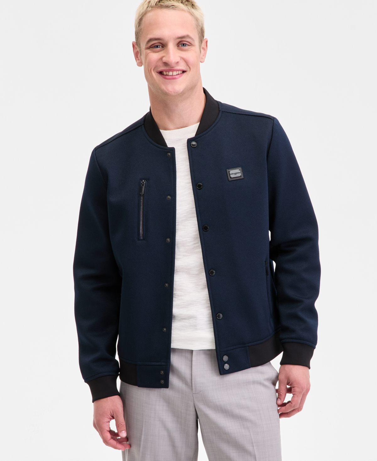 Click here for Karl Lagerfeld Mens Textured Varsity Zip Bomber Ja... prices