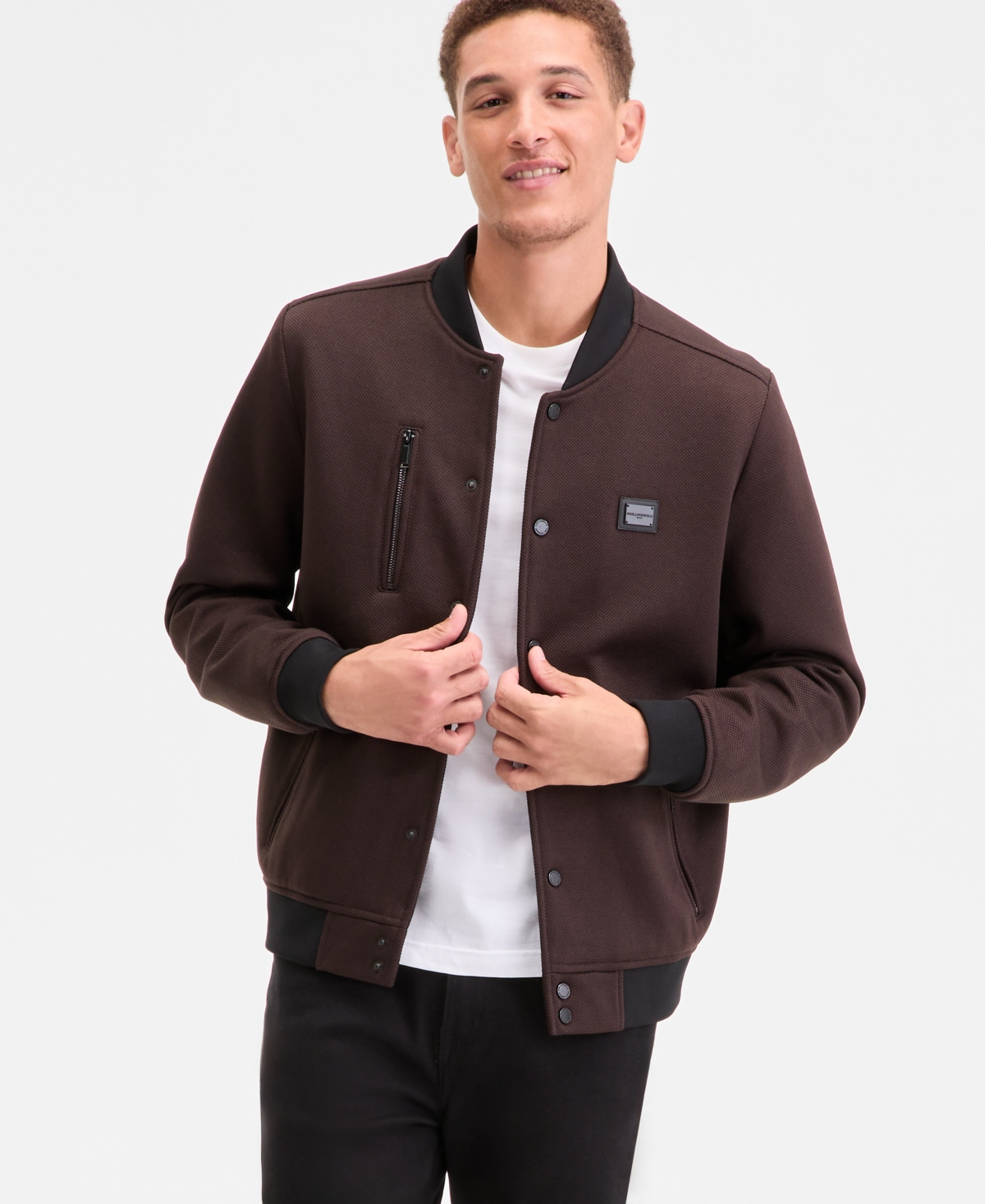 Karl Lagerfeld Mens Textured Varsity Zip Bomber Jacket - Brown