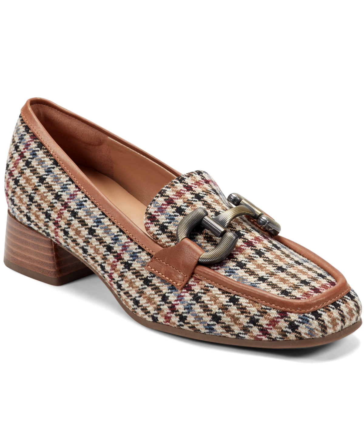 Easy Spirit Womens Franny eFlex Bit Block Heel Loafers - Natural Houndstooth