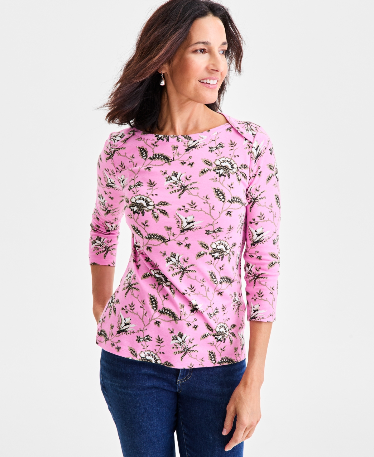 Click here for Style & Co Petite Cotton Floral 3/4-Sleeve Boat-Ne... prices