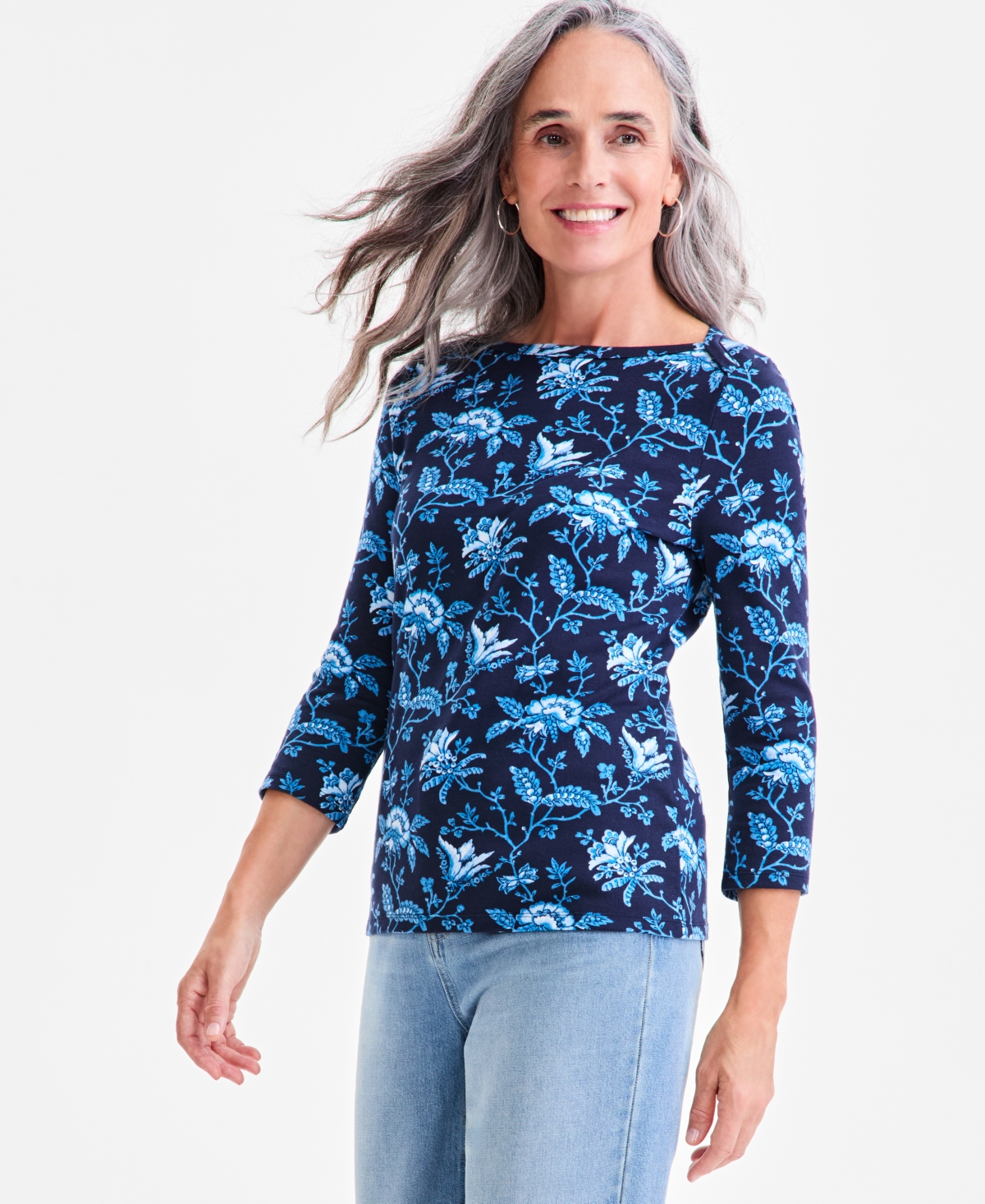 Click here for Style & Co Petite Cotton Floral 3/4-Sleeve Boat-Ne... prices