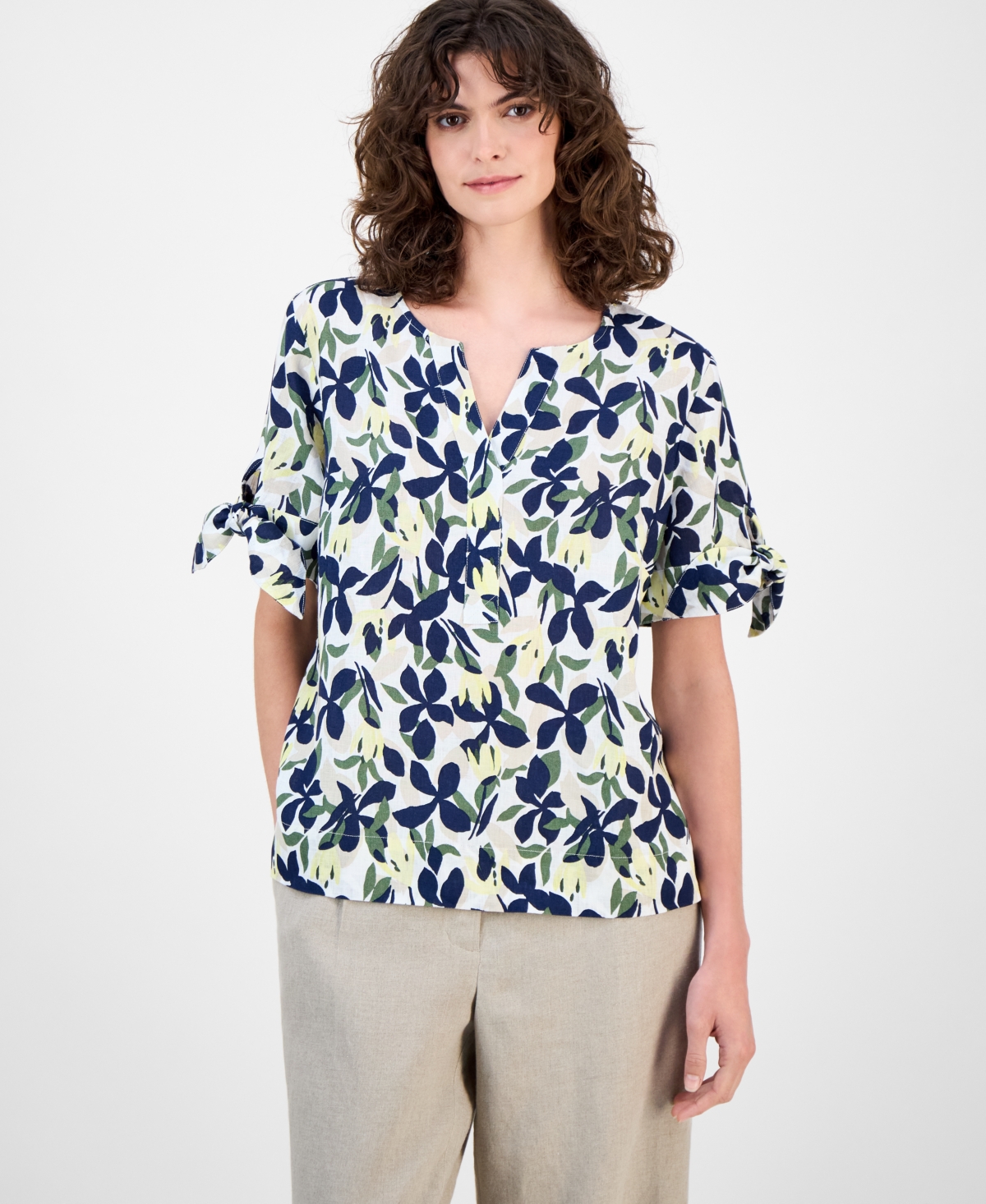 Click here for Charter Club Womens 100 Linen Floral-Print Tie-Sle... prices