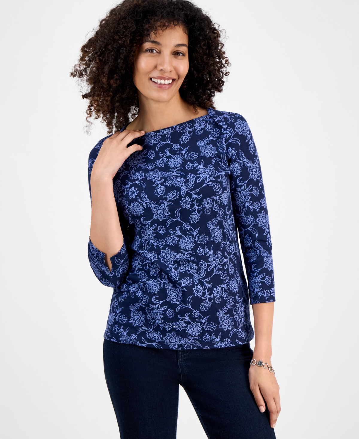 Click here for Style & Co Petite Cotton Floral 3/4-Sleeve Boat-Ne... prices