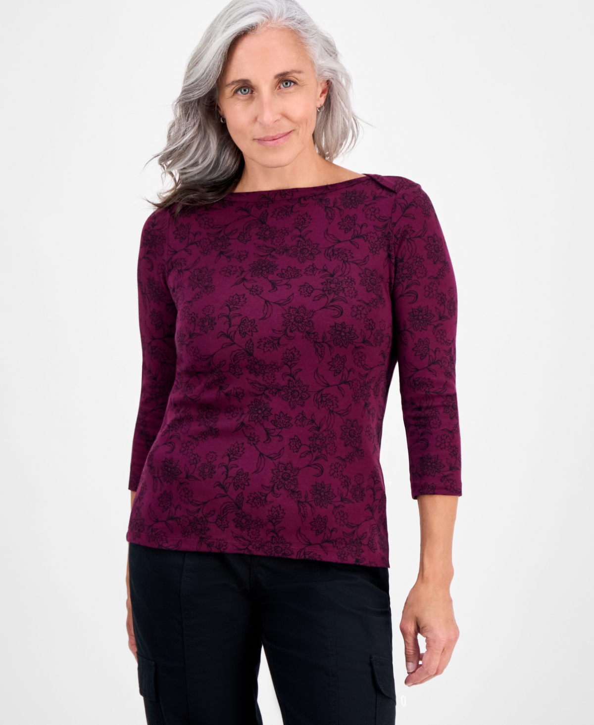 Click here for Style & Co Petite Cotton Floral 3/4-Sleeve Boat-Ne... prices
