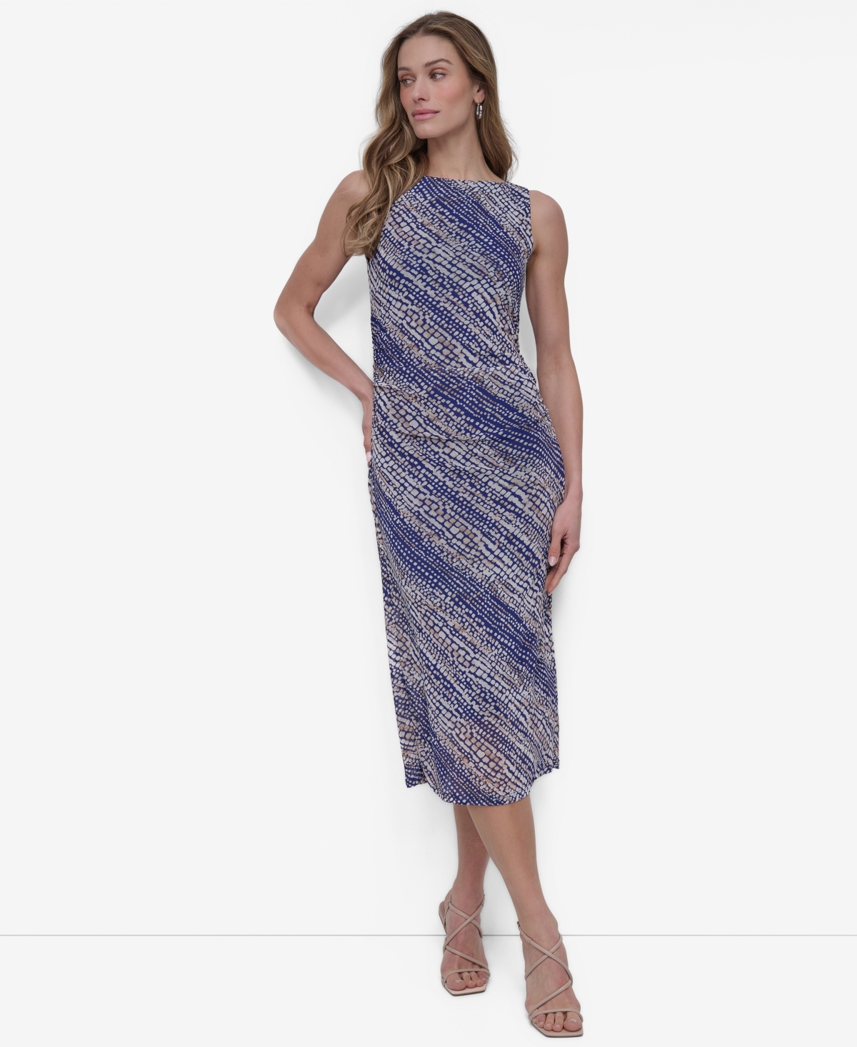 Click here for Dkny Womens Printed Ruched Sleeveless Midi Dress -... prices