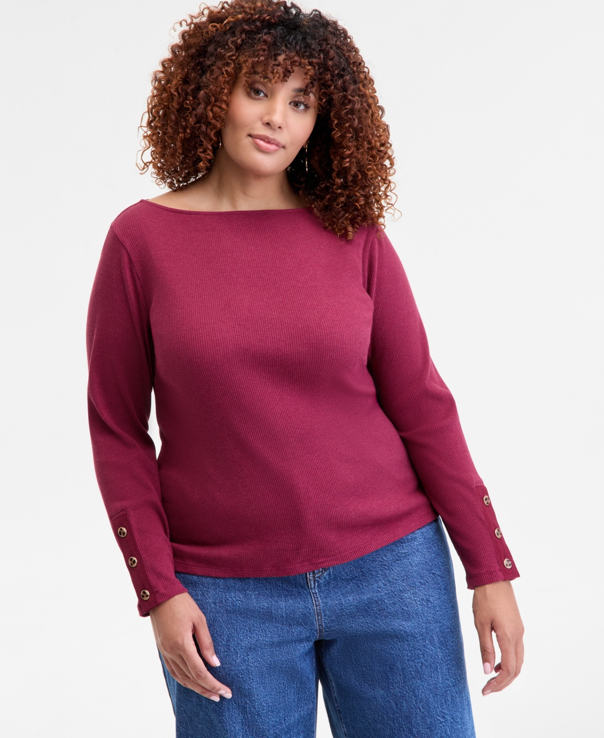 Click here for On 34th Trendy Plus Size Button-Cuff Boatneck Top... prices