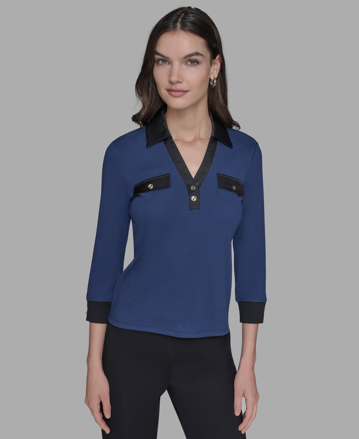Click here for Karl Lagerfeld Paris Petite Collared V-Neck Rib-Kn... prices