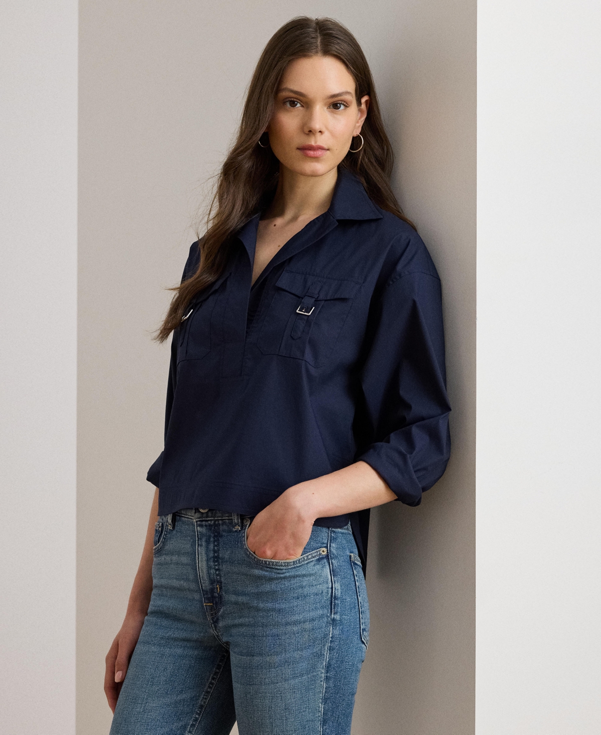 Lauren Ralph Lauren Womens Buckle-Trim Cotton-Blend Shirt - Lauren Navy