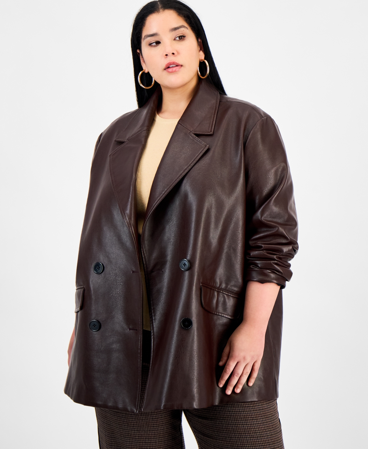 Click here for Bar Iii Trendy Plus Size Double-Breasted Faux Leat... prices