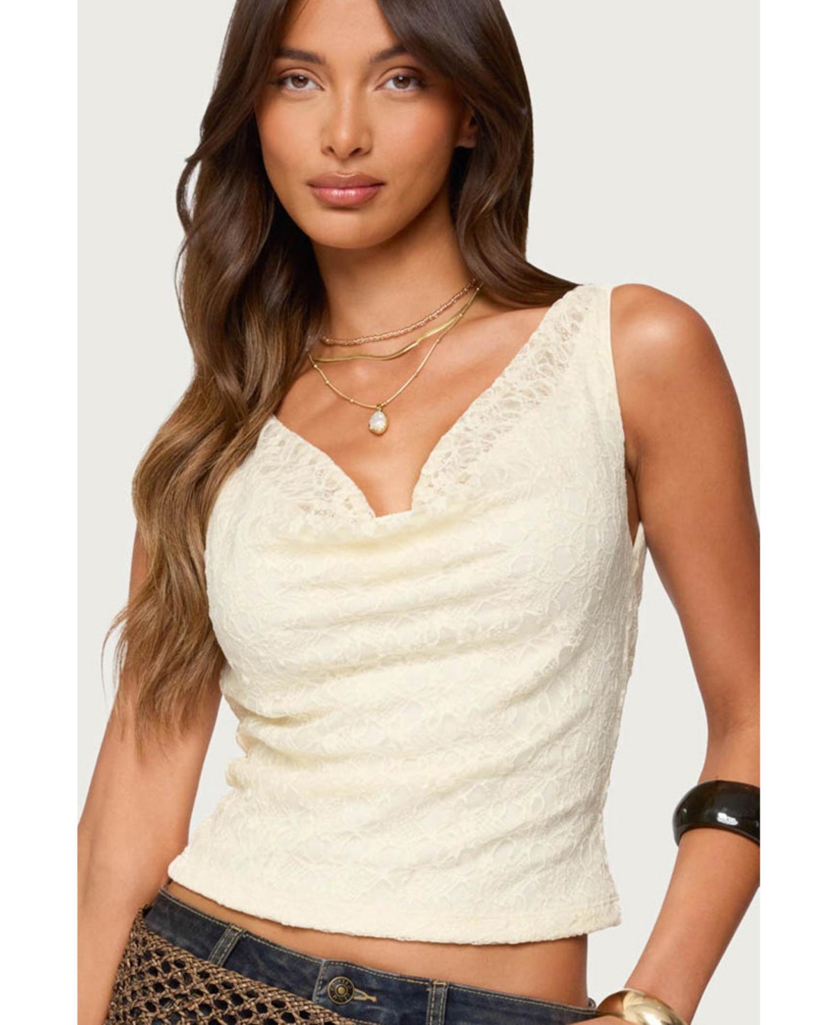 Edikted Womens Aysha Lace Cowl Neck Top - Cream